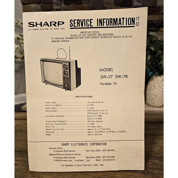 Sharp | Art | Sharp Television Service Data Chassis Model 3w77 3w78 ...